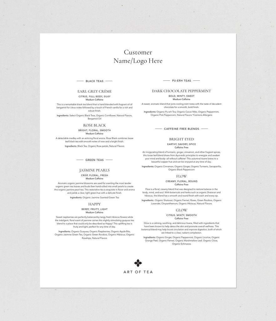 Art of Tea Custom Menu – Art of Tea - Wholesale